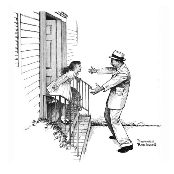 little girl on house steps jumping in for a hug to father in top hat